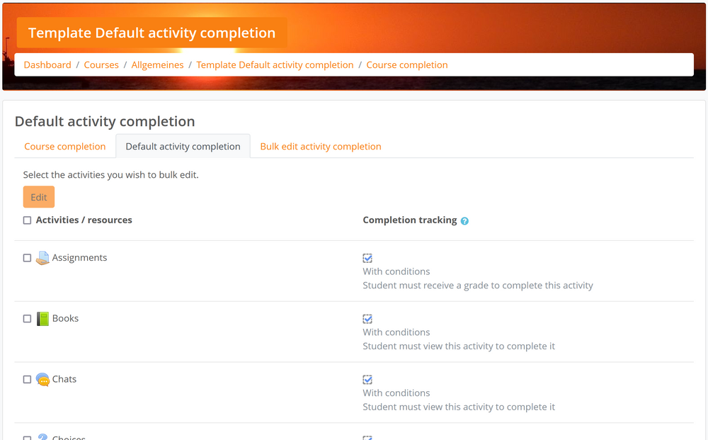 Template Default activity completion for courses